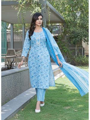 Buy BulBul Fashionista Cotton Floral Print Blue Kurta with Pant and ...