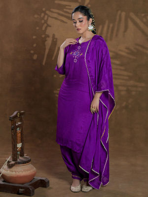 Buy Phulkari Forever Purple Pure Chinon Hand Embroidered Kurti and Pant (Set of 2) (S) Online
