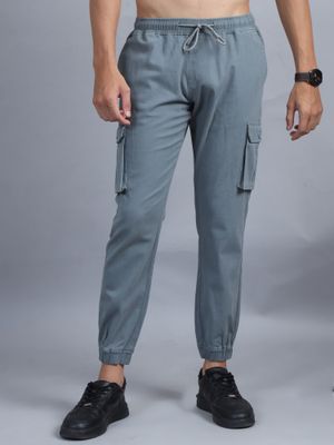 Buy SILISOUL Men Steel Regular Fit Solid Cotton Cargo Trousers (28) Online