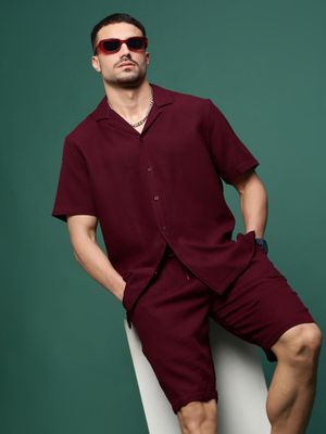 Buy SHOWOFF Men Maroon Cuban Collar Self Design Co-Ord (Set of 2) (M ...