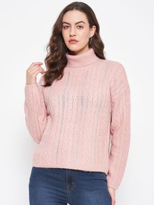 Buy Madame Cable Knit High Neck Peach Sweater Online