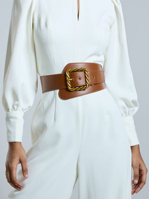 Buy Pipa Bella by Nykaa Fashion Tan Patterned Gold Metal Buckle Broad ...