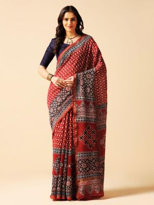 Buy Aditri Red Handprinted Ajrakh On Chanderi Silk Saree without Blouse ...