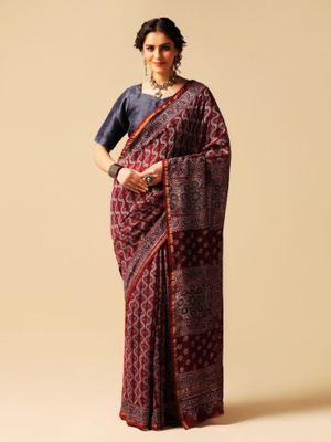 Buy Aditri Maroon Handprinted Ajrakh On Chanderi Silk Saree without ...