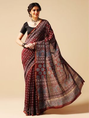 Buy Aditri Maroon Handprinted Ajrakh On Chanderi Silk Saree without ...