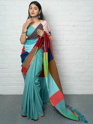 Buy Save As Carnival Colorblock Turquoise Saree with Unstitched Blouse ...