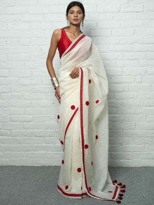 Buy Save As Laali Polka Dots White Saree with Unstitched Blouse with ...
