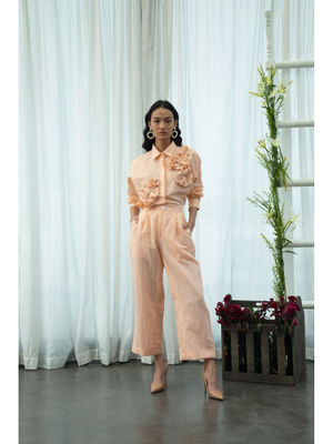 Buy Pleats by Aruni Orange Flower Shirt and Pants Co-Ord (Set of 2) Online