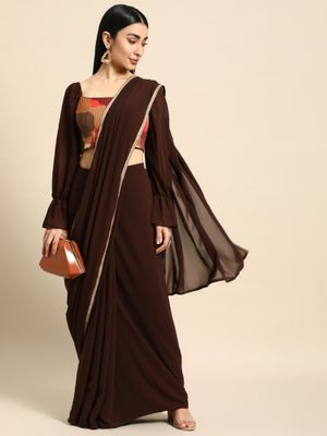 Buy Ethnovog Brown Georgette Saree with Multi-Color Embroidered ...