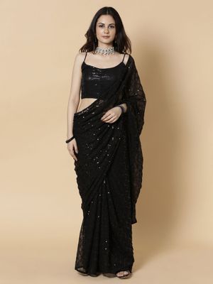 Buy Vervee Couture Black Georgette Embellished- Sequined Saree with ...