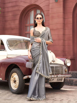Buy Tikhi Imli Grey Colored Jimy Chu Saree with Unstitched Online