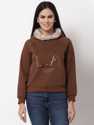 Buy Juelle Women Embellished Brown Hooded Fleece Sweatshirt Online