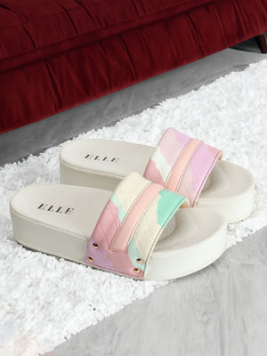 Buy ELLE Womens White Color Printed Casual Wear Sliders Online