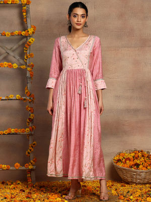 Buy Indya Light Pink Floral Print Tie Up Dress Online