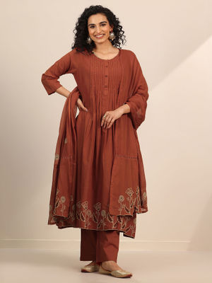 Buy Libas Women Rust Embroidered Anarkali Kurta with Pant & Dupatta ...