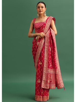 Buy KALKI FASHION Red Khadi Woven Zari Jaal Motifs Saree with Unstitched Online