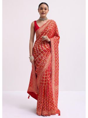 Buy KALKI FASHION Red Woven Bandhani Georgette Saree with Unstitched Online