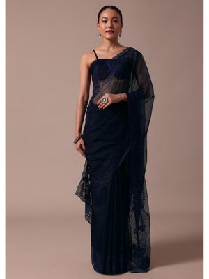 Buy KALKI FASHION Navy Blue Organza Solid Embroidered Saree with ...