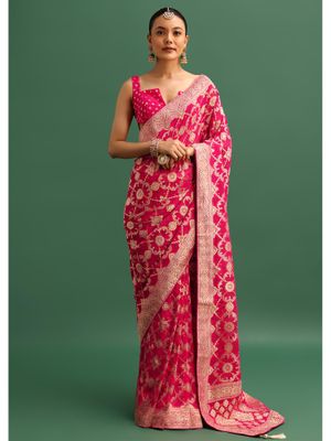 Buy KALKI FASHION Pink Georgette Woven Zari Motifs Saree with Unstitched Online