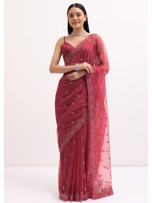 Buy KALKI FASHION Red Organza Embroidered Saree with Unstitched Online