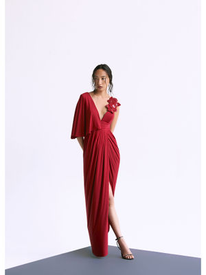 Buy Manika Nanda Red Plunge Overlap Gown (XS) Online
