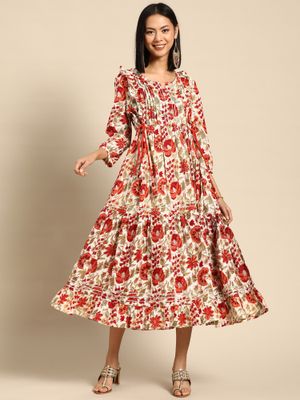Buy Rangmayee Womens White & Orange Floral Printed A-Line Midi Dress Online