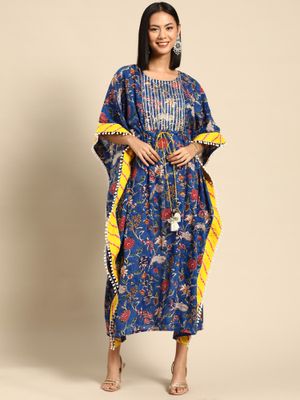 Buy Rangmayee Womens Blue & Yellow Floral Print Kaftan Dress with Tie ...