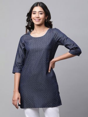 Buy Aurelia Women Blue Printed Three Fourth Sleeves Round Neck Kurti Online