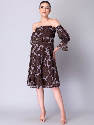 Buy FabAlley Brown Floral Off Shoulder Buttoned Dress Online