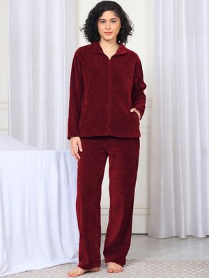 Buy Kanvin Women Winter Textured Maroon Top with Pajama (Set of 2) (S ...