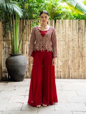 Buy Mrunalini Rao Red Apsara Jacket with Blouse and Palazzo (Set of 3 ...
