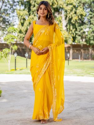 Buy HOUSE OF JAMOTI Rusk Yellow Work Saree Online