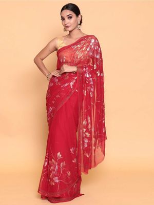 Buy Zari Jaipur Red Color Chinion Fabric Saree with Unstitched Blouse ...