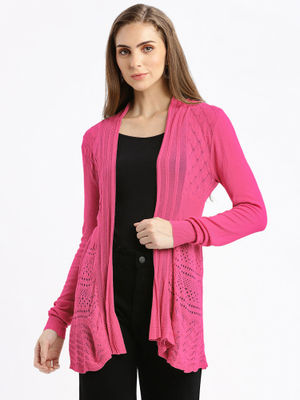 Buy SHOWOFFFF Pink Textured Knitted Open-Front Long Shrug Online