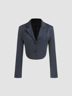 Buy Navy Asymmetric Cropped Hem Collar Striped Blazer Online