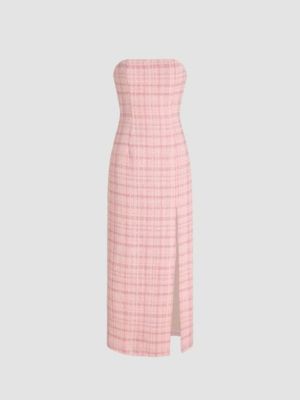 Buy Cider Tweed Strapless Split Tube Midi Dress Online