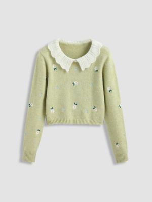 Buy Cider Collar Floral Knit Long Sleeve Sweater Online