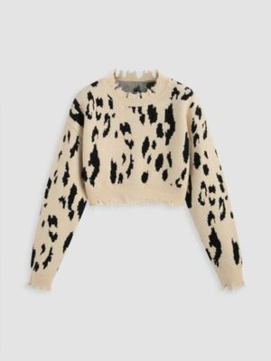 Buy Cider Round Neckline Leopard Knitted Long Sleeve Sweater Online
