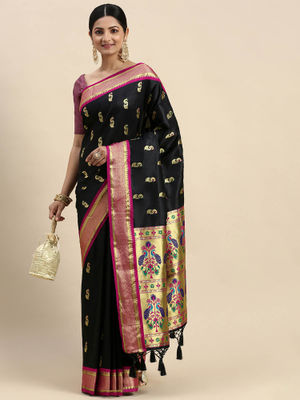 Buy Vastranand Black Ethnic Motifs Woven Design Zari Art Silk Pathani ...
