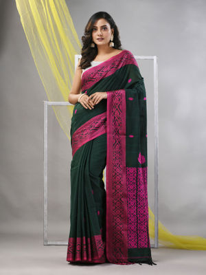 Buy CHARUKRITI Forest Green Cotton Soft Nakshi Pattern Saree with ...