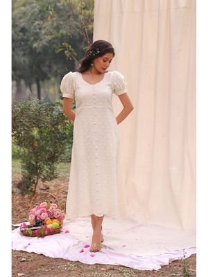 Buy Sutra Art of Clothing Luna Cotton Off White Midi Dress (XS) Online
