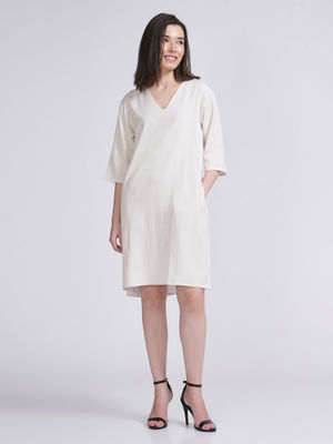Buy Saltpetre Women Tencel Solid V-Neck Cream Sack Dress Online