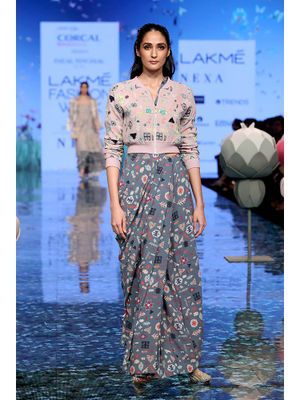 Buy Payal Singhal Grey Printed Bomber Jacket with Saree and Petticoat ...