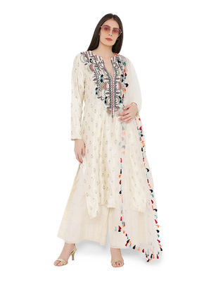Buy Payal Singhal Cream Kurta with Palazzo and Dupatta (Set of 3) Online