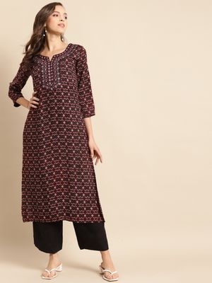 Buy Rangmayee Women Red & Black Geometric Print & Embroidered Straight ...