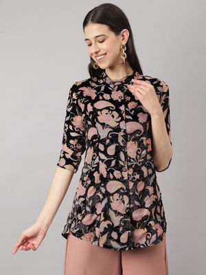 Buy Divena Black Floral Burn Out Velvet A-Line Shirts Style Top Online