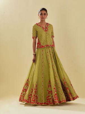 Buy KORA Women'S Green Embroidered Round Neck Choli with Slip with ...