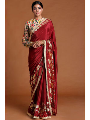 Buy Masaba Dark Maroon Moon Flower Saree With Unstitched Blouse Online