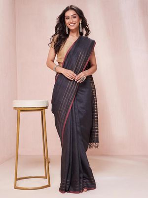 Buy Fabindia Black Silk Blend Woven Saree without Blouse Online