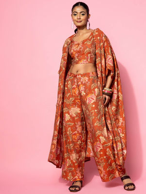 Buy Libas Womens Rust Floral Printed Co-Ord (Set of 3) (XS) Online